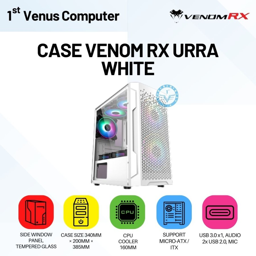 Jual CASING VENOMRX URRA WHITE TEMPERED GLASS +2X FAN 12CM ARGB M-ATX ...