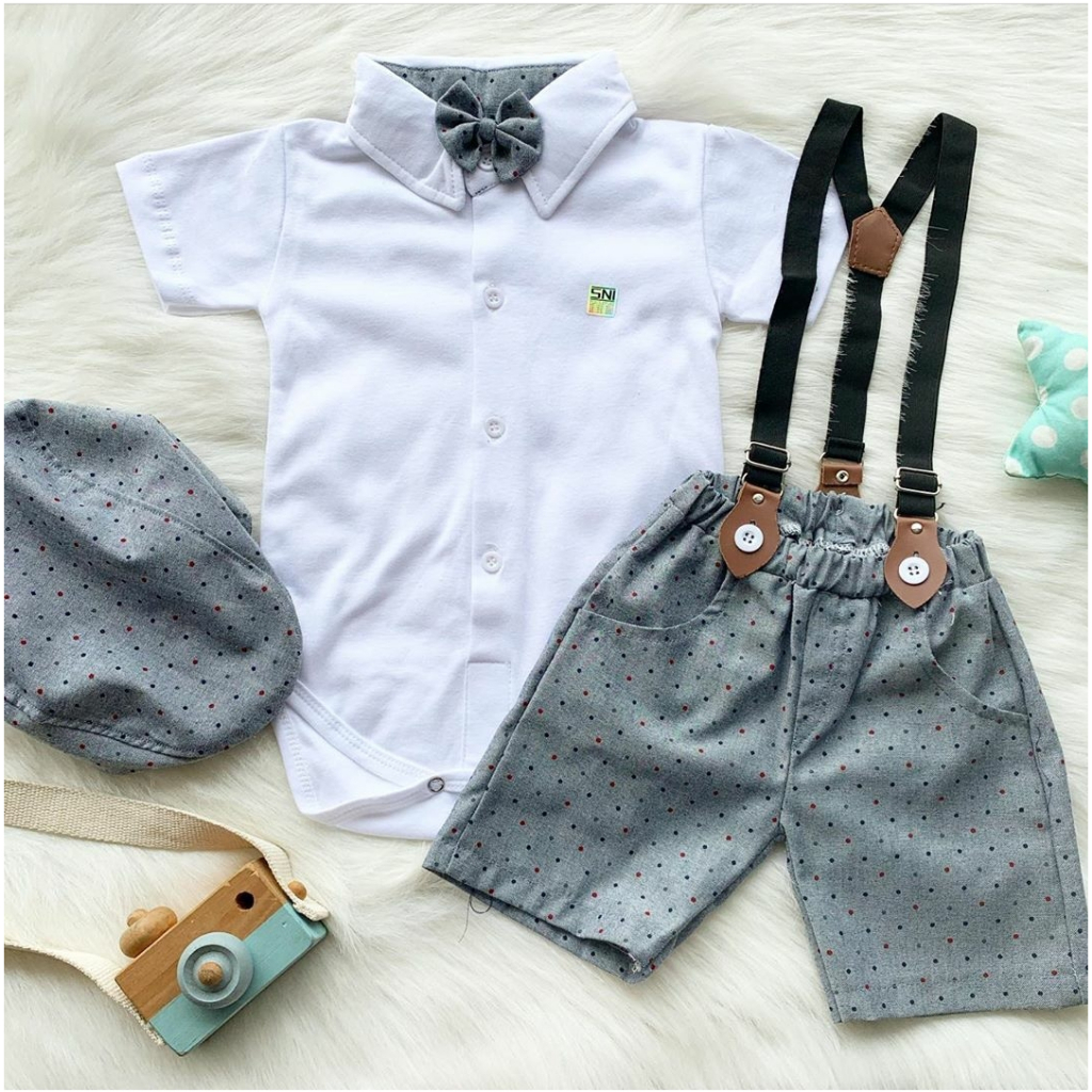 Jual Baju bayi Setelan jumper celana suspender topi dasi motif bintik ...