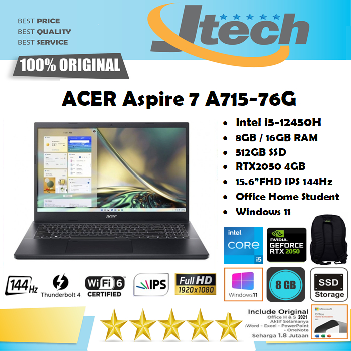 Jual ACER ASPIRE 7 A715-76G - i5-12450H - 8GB - 512GB - RTX2050 4GB - 15.6"FHD IPS - W11 - OHS ...