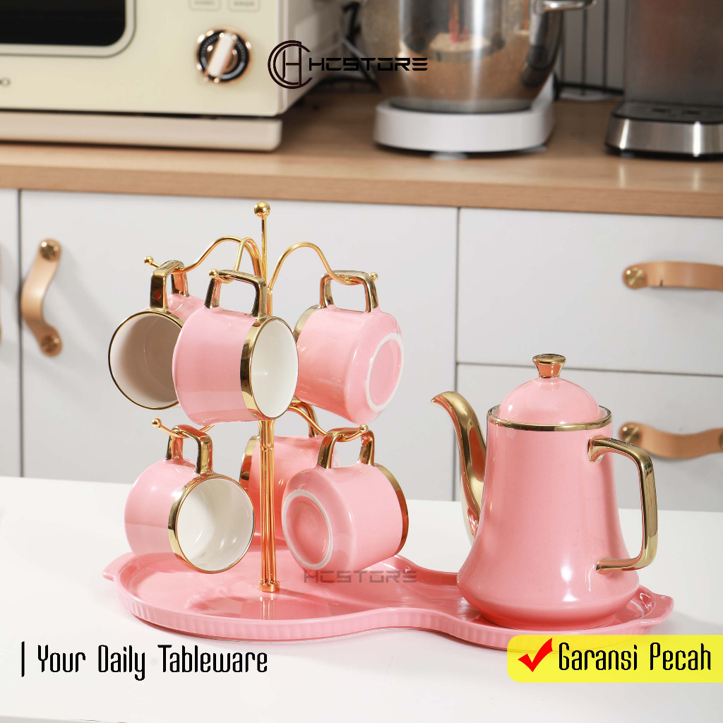 Jual Teko Set Keramik Teko Teh Kopi Set Gelas Nampan dan rak gantung ...