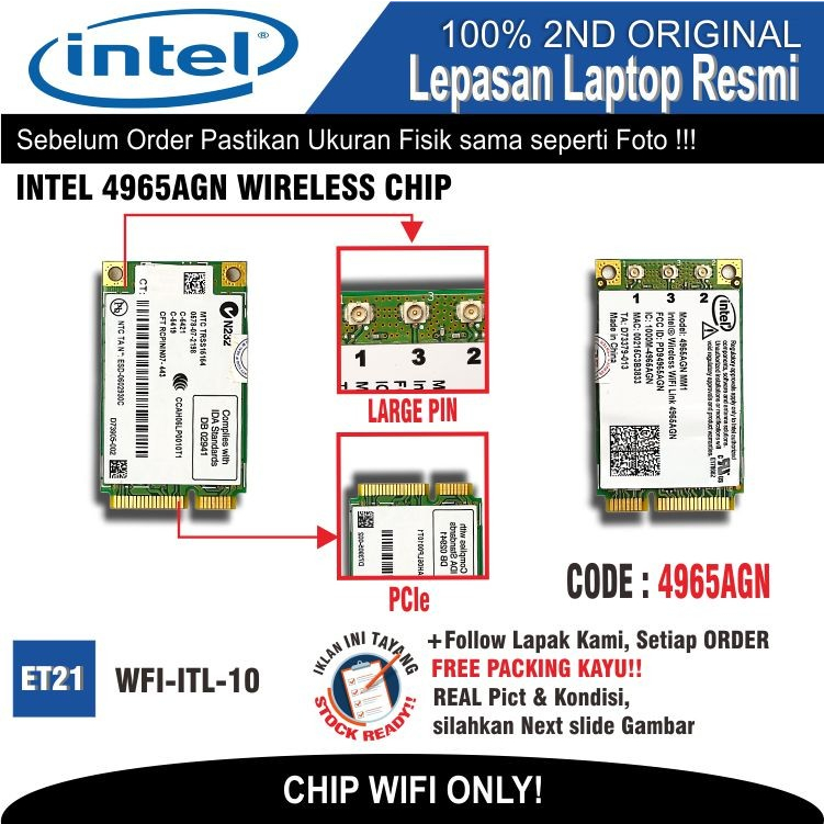 Jual ET21 WFI-ITL-10 Card WiFi Chip Laptop INTEL 4965AGN WIRELESS CHIP ...
