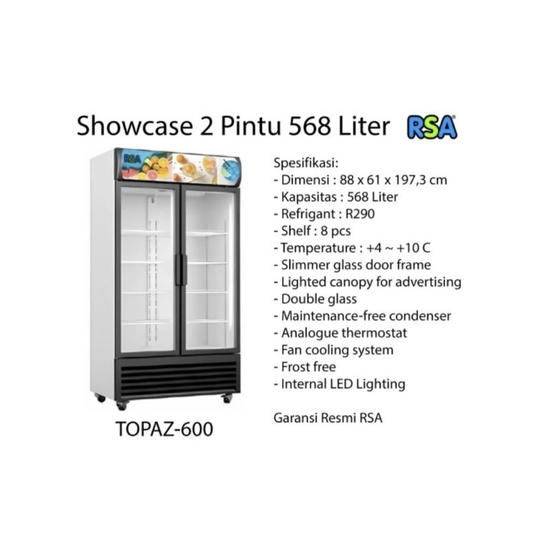 Jual RSA Display Cooler Topaz 600ic Showcase Cooler 2 Pintu 568L ...