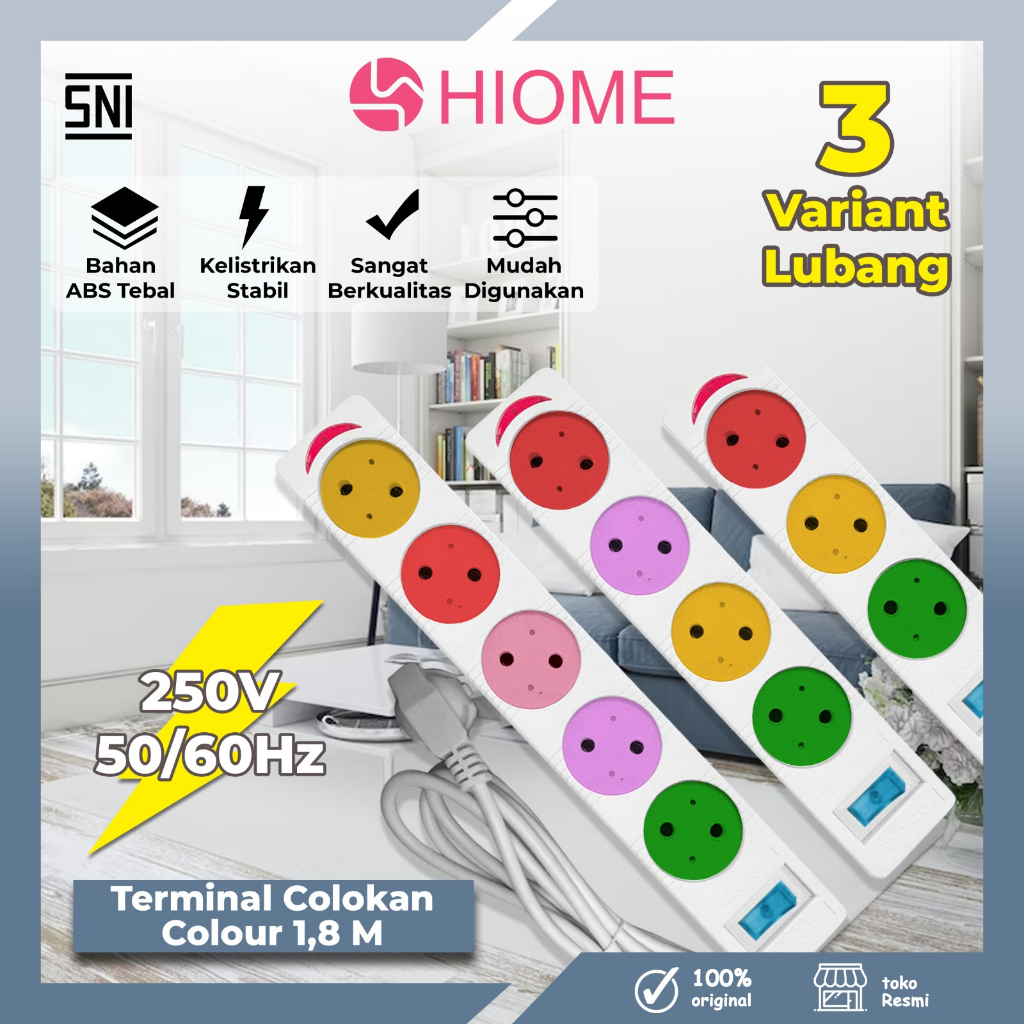 Jual HIOME Stop Kontak Warna 1,8Meter / Terminal Colokan Warna / SNI 3,4,5 Lubang Colokan / Stop ...