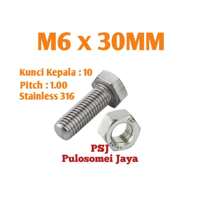 Jual Baut Mur Stainless M6 x 30 mm / Bolt Nut Stainless Steel 316 | Shopee Indonesia