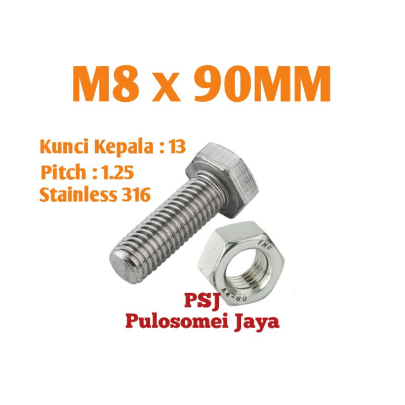 Jual Baut Mur Stainless M8 x 90 mm / Bolt Nut Stainless Steel 316 | Shopee Indonesia