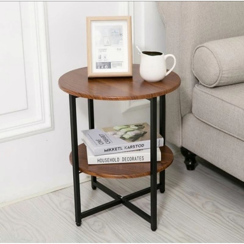Jual Meja Sudut Bulat Kayu 2 Susun Rangka Besi Meja Coffee Ruang Tamu ...