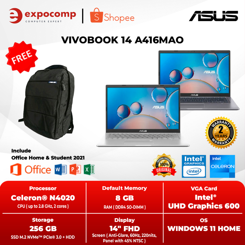 Jual ASUS VIVOBOOK 14 A416MAO FHD427 FHD428 GREY N4020 8GB 256GB W11 ...