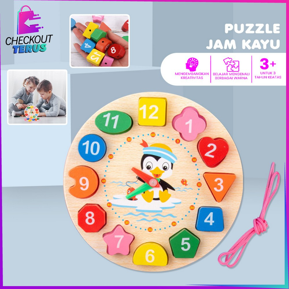 Jual CT M330 Mainan Edukasi Anak Puzzle Jam Kayu Motif Penguin Belajar ...