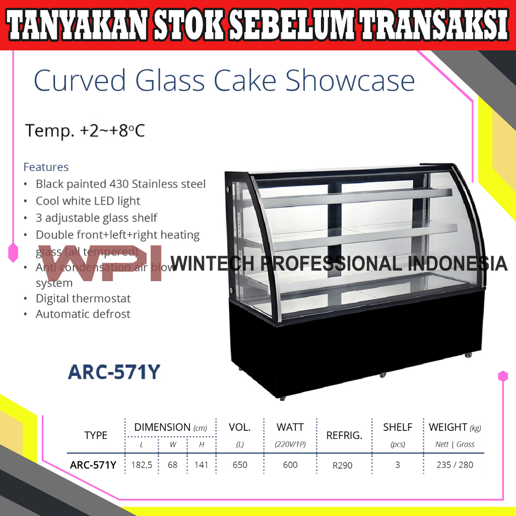Jual Gea ARC-571Y Curved Glass Cake Showcase - Lemari Display Pendingin ...
