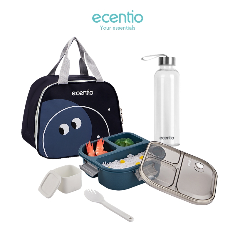 Jual ecentio kotak makan anti tumpah 3 grid 1100ml /lunch box set tempat bekal makan tas bekal ...
