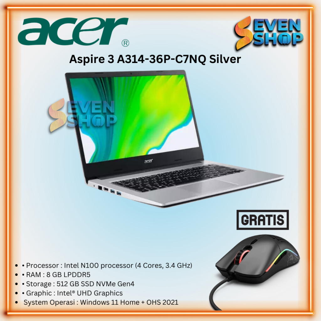 Jual LAPTOP acer ASPIRE 3 A314-36P-C7NQ 14FHD INTEL N100 RAM 8GB 512GB ...