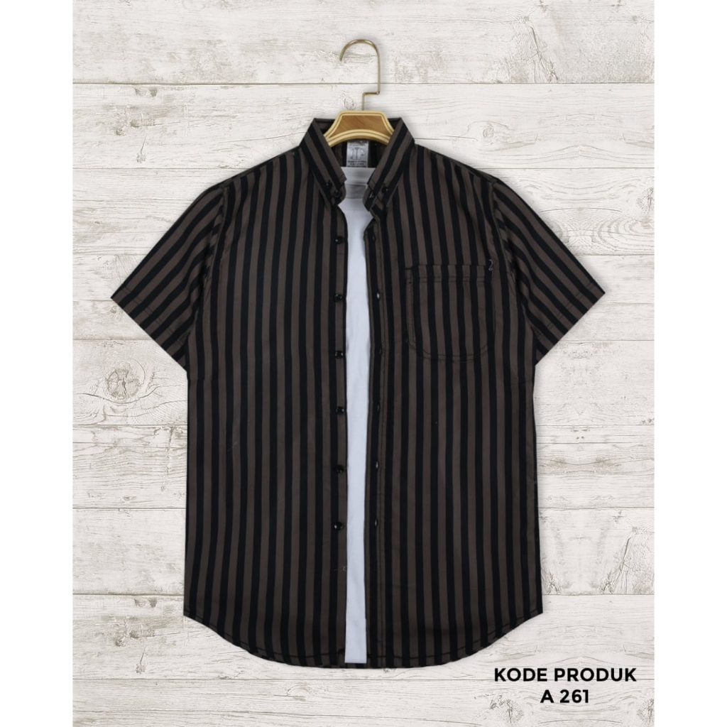 Jual Kaizen Kemeja Salur Pria Brown Stripe Lengan Pendek Shopee