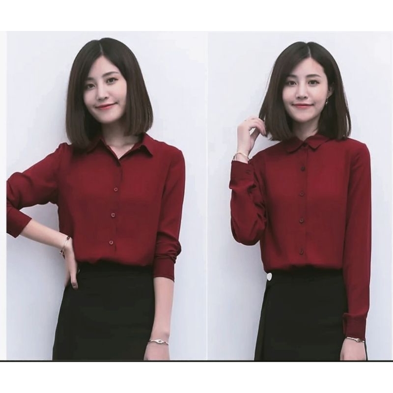 Jual Atasan Kemeja Wanita Kemeja Blouse Atasan Kemeja Polos Lengan Panjang Basic | Shopee Indonesia