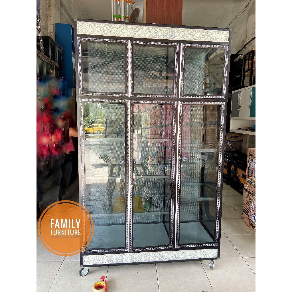 Jual Lemari Rak Piring Tempahan Aluminium Kaca Black 3 Pintu Full Kunci ...