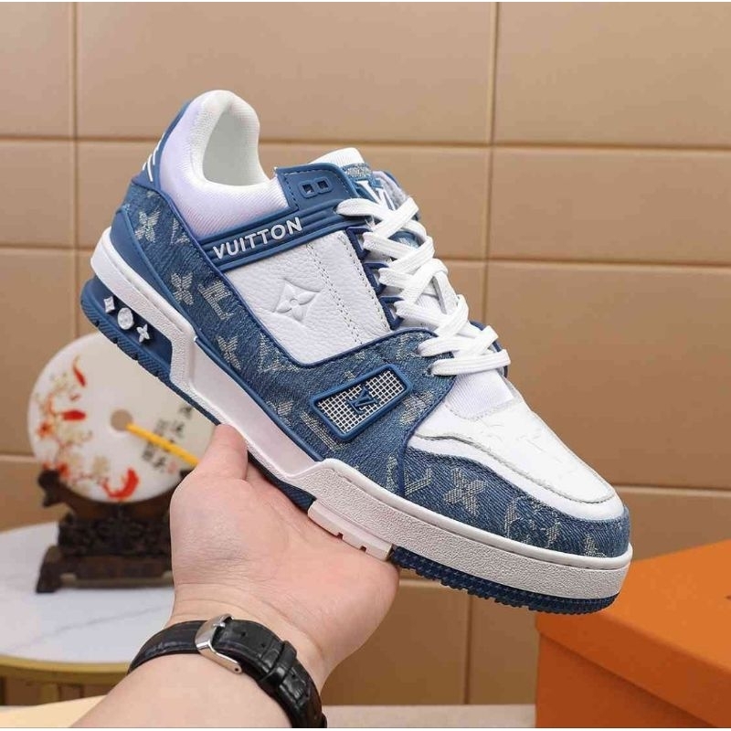 Jual Sneakers pria LV Trainer Monogram Denim white blue | Shopee Indonesia