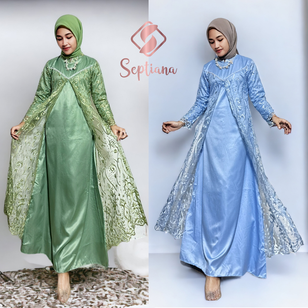 Jual Septiana Gamis pesta kondangan brukat tille mutiara lapisan satin maxi dress pesta kerah ...