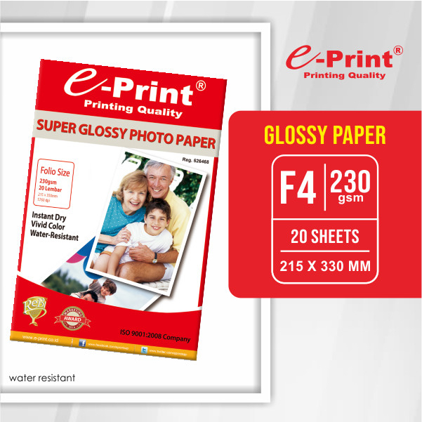 Jual Kertas Foto E-Print Super Glossy F4 230gsm 20s | Shopee Indonesia