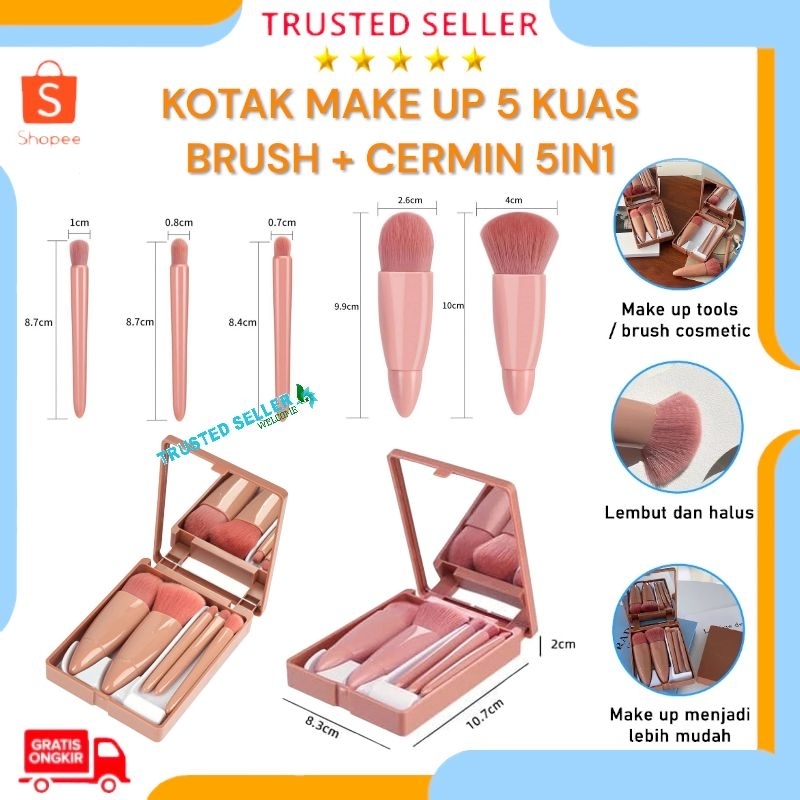 Jual KOTAK BOX MAKE UP 5 KUAS BRUSH + CERMIN SET 5IN1 / MAKEUP KOSMETIK ...