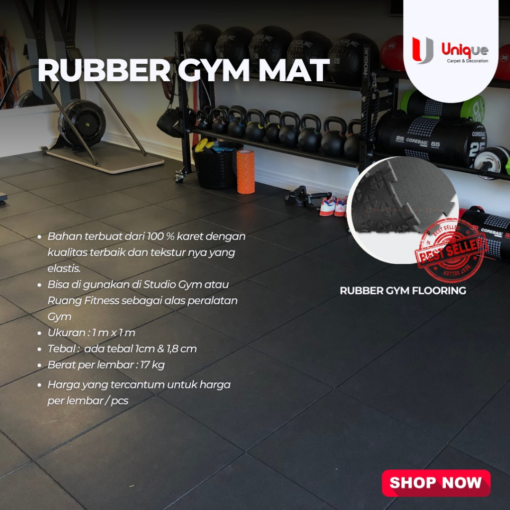 Jual Rubber Gym Mat Tebal 10mm / Alas Karpet Gym Tebal 18mm / Indian ...