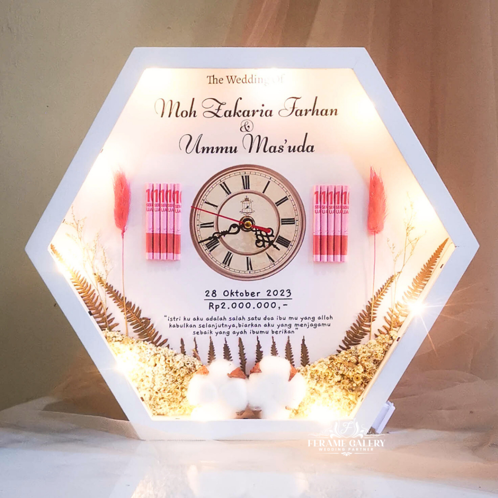 Jual Mahar Pernikahan Jam Dinding Bingkai Hexagonal by Ferame Galeri | Shopee Indonesia