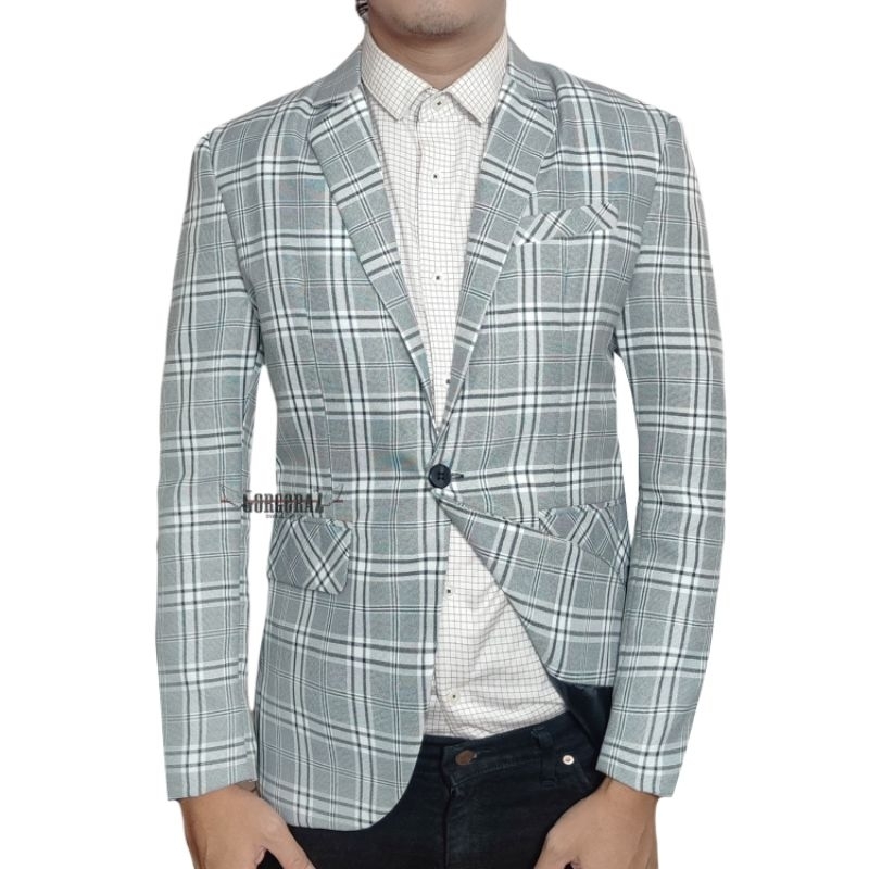 Jual jas blazer pria kotak kotak abu slimfit realpic casual formal ...