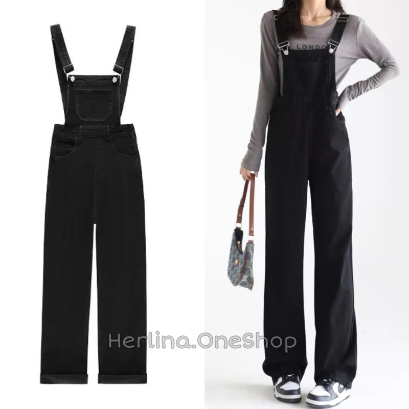 Jual JUMPSUIT JEANS HITAM MODEL KAKI LEBAR JUMPSUIT JEANS WANITA DEWASA ...