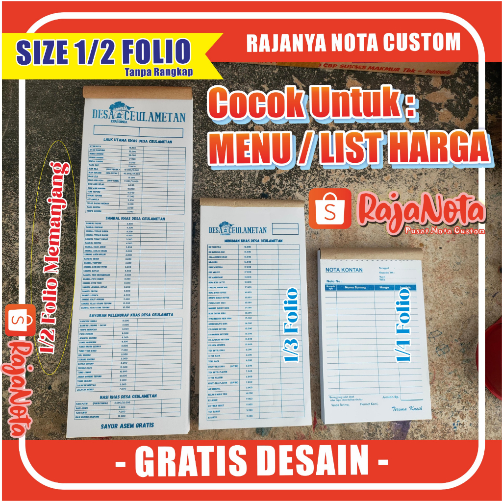 Jual RAJA NOTA MENU 1/2 Folio Panjang Custom Desain 1 Rangkap list ...