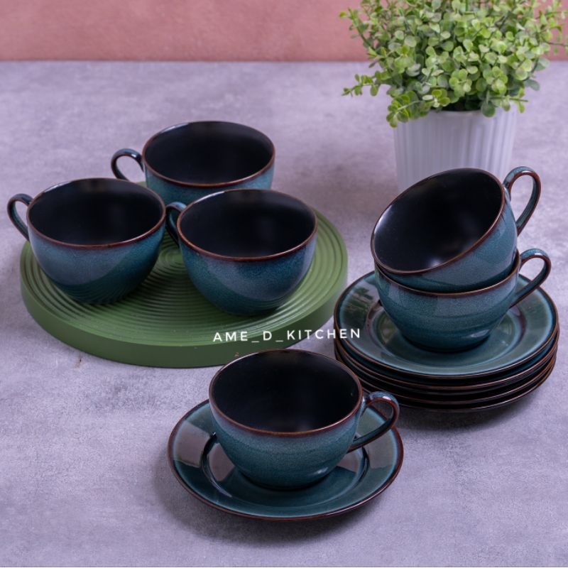 Jual Cangkir lepek keramik set 250 cc glazir biru hitam | Shopee Indonesia
