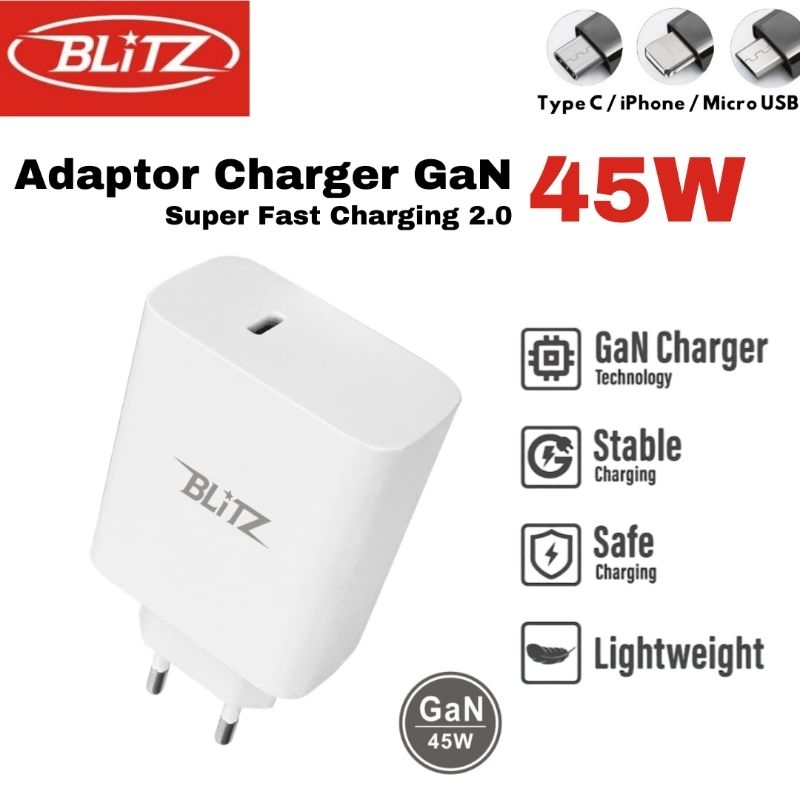 Jual BLiTZ Adaptor Charger 200W GaN 45W Super Fast Charging 2.0 / Super ...