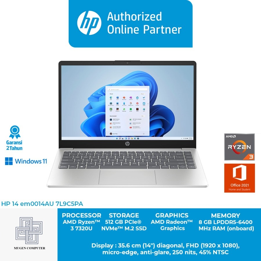 Jual Laptop HP 14 em0014AU AMD Ryzen 3 7320U ram 8GB 512GB 14" FHD W11 ...
