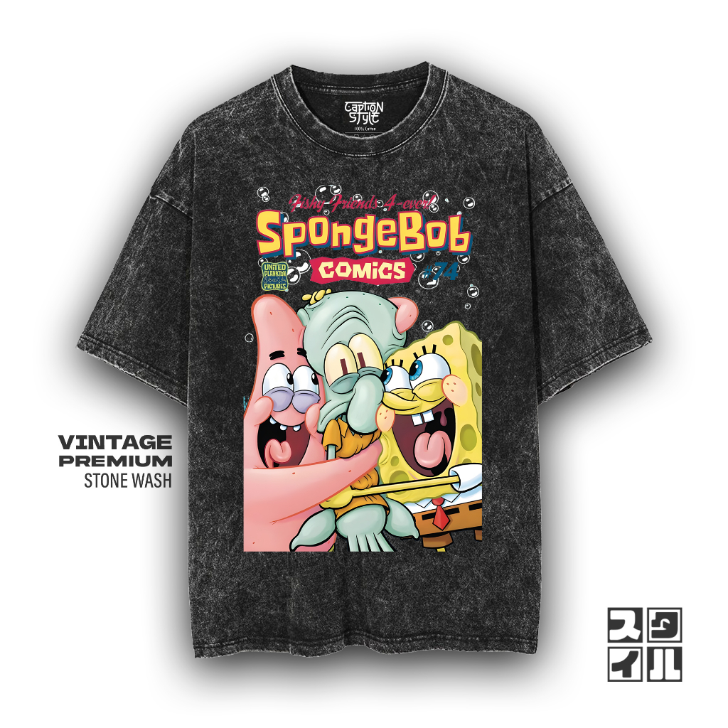 Jual Caption'Style Baju Kartun Spongebob COMICS Kaos Stonewash | Kaos ...