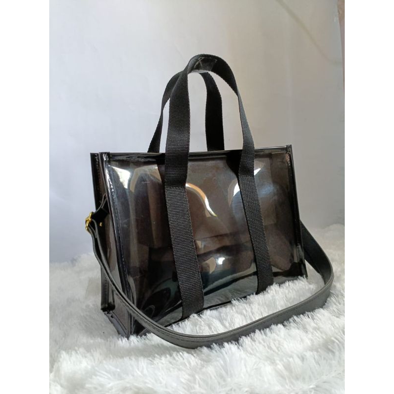 Jual Tas mika PVC hitam resleting tas kekinian tas transparan bisa ...