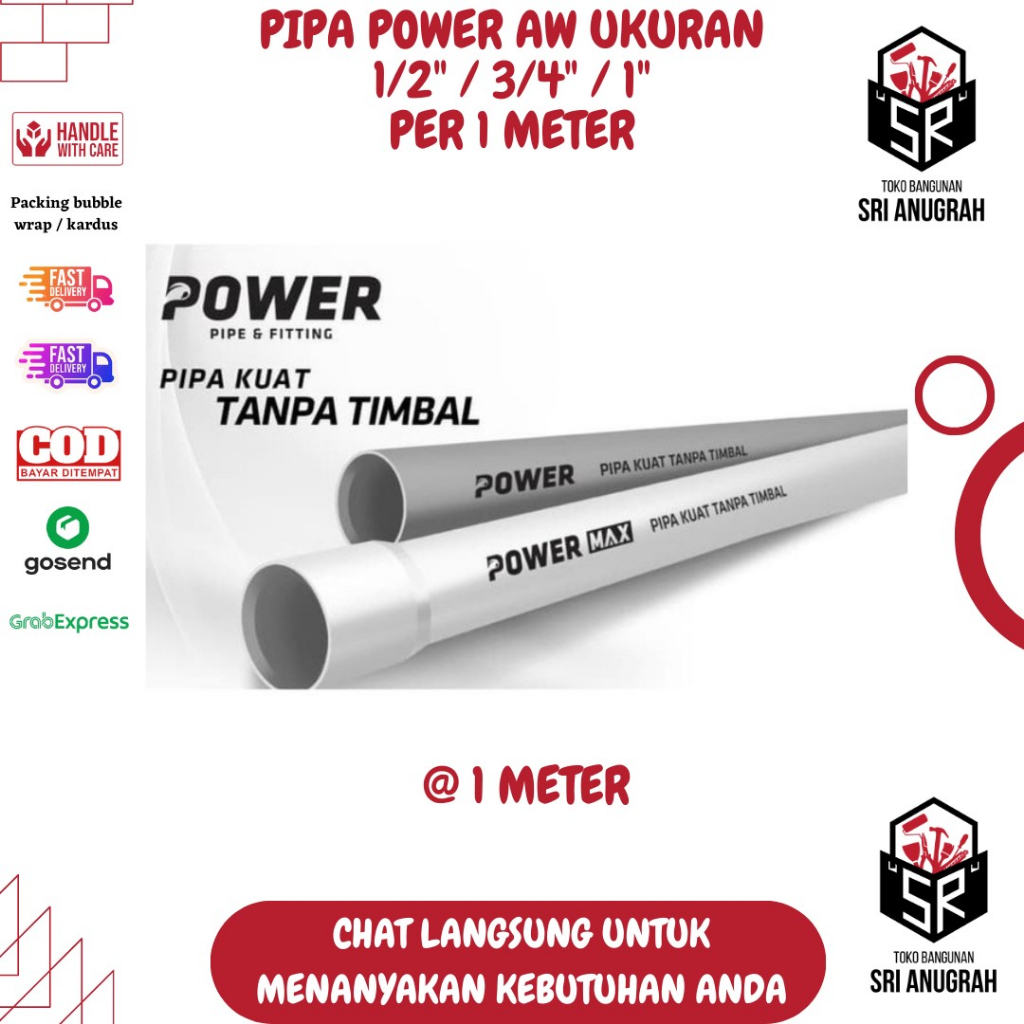Jual Pipa Air PVC POWER 1METER AW 1/2" 3/4" 1" | Shopee Indonesia