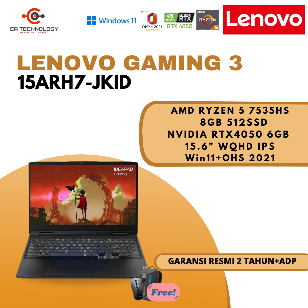 Jual LENOVO GAMING 3 15ARH7-JKID Ryzen 5-7535HS 8GB DDR5 512SSD VGA 6GB ...