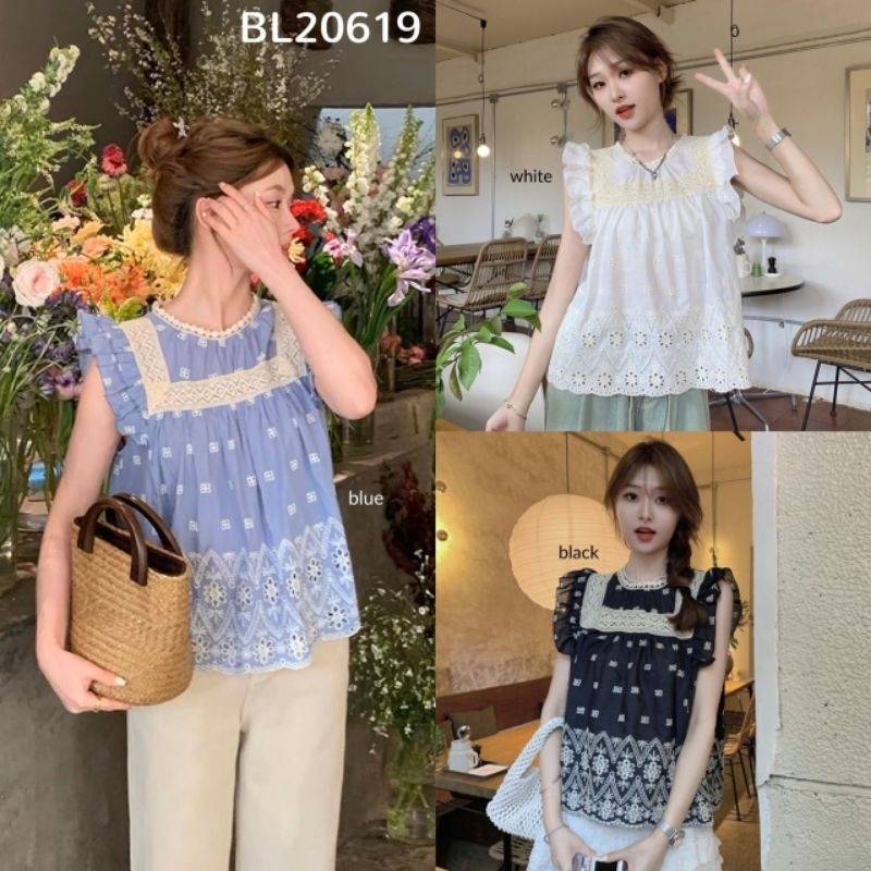 Jual 100% IMPORT Embro Dolly Ruffle Sleeves Top BL20619 | Shopee Indonesia