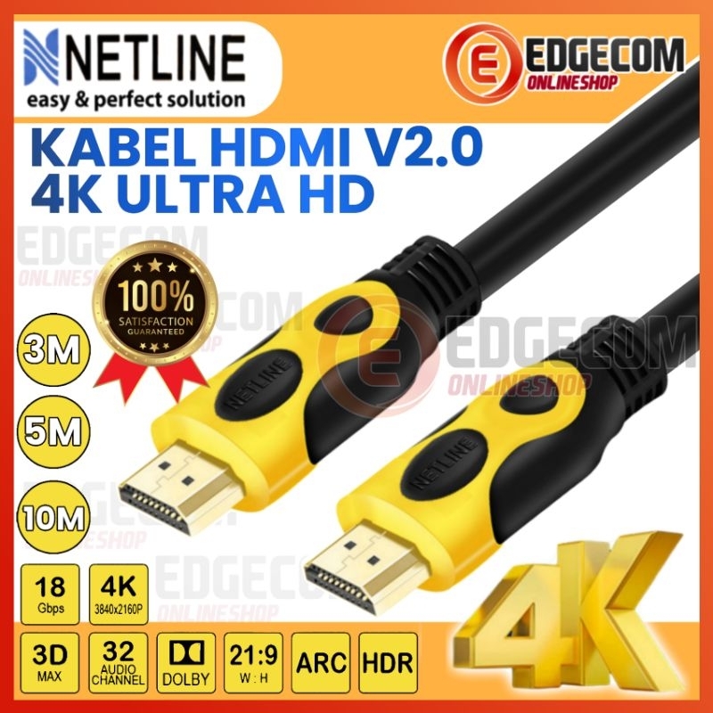 Jual Kabel HDMI V2.0 Support 4K UHD Male to Male 3 / 5 Meter NETLINE | Shopee Indonesia