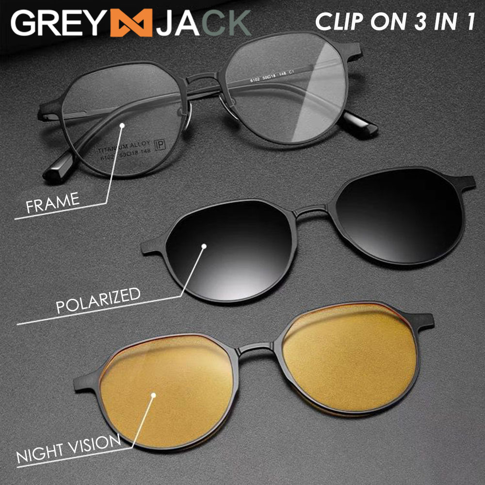 Jual Grey Jack Kacamata Clip On 3in1 Free Lens Polarized Night Drive Oval Bahan Titanium Bisa ...