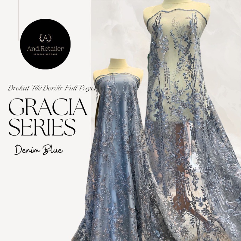 Jual Bahan kain kebaya Tile Brokat Payet sequin Gracia Warna Biru denim ...