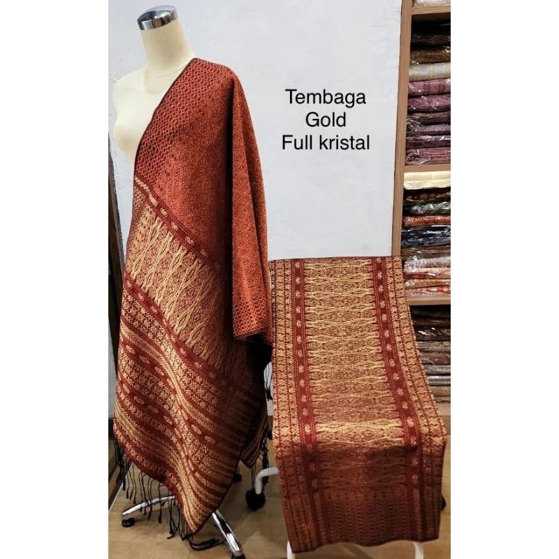 Jual Songket Tumtuman Selendang + Sarung Tenun Tangan Tembaga Gold Full Kristal | Shopee Indonesia