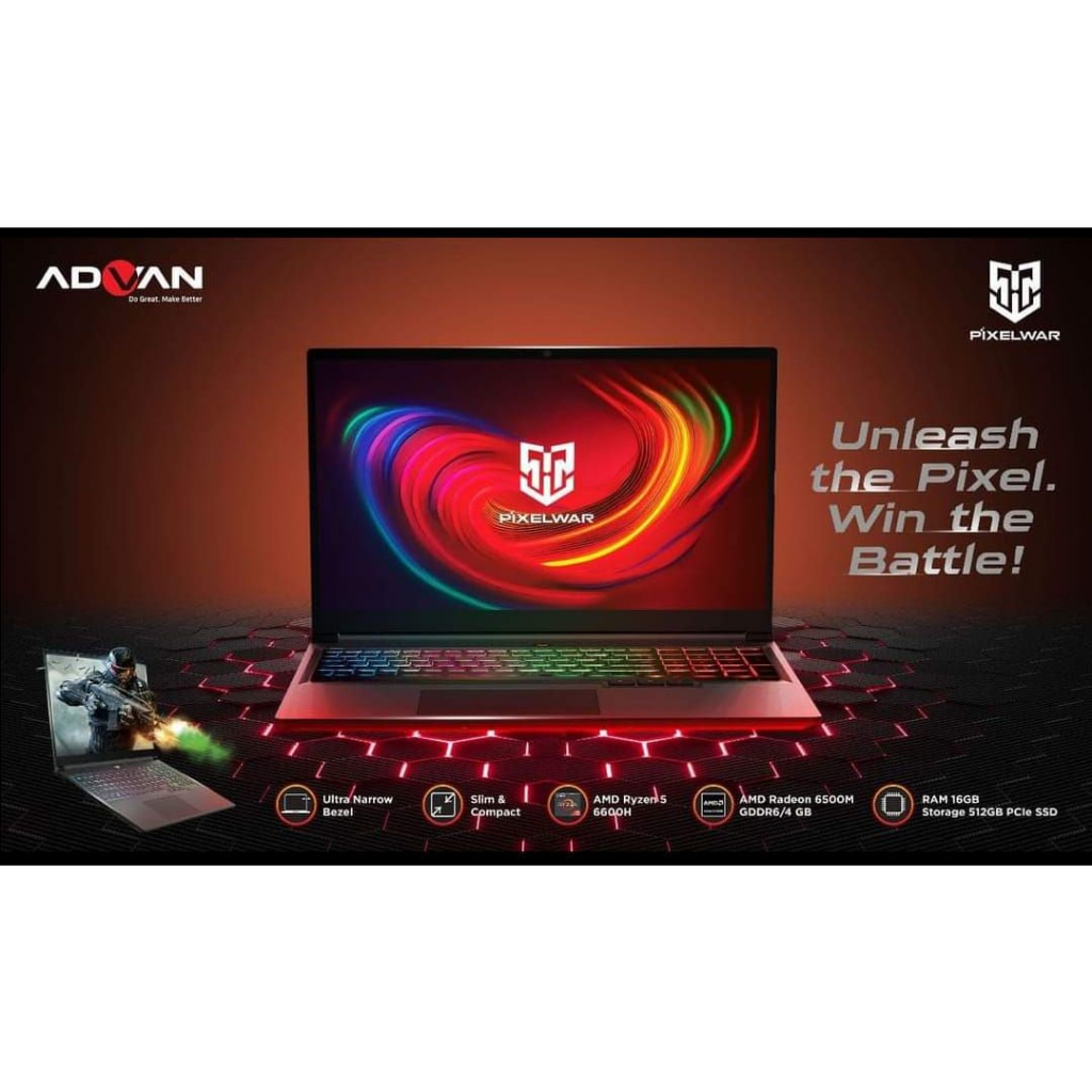 Jual ADVAN Laptop PixelWar Ryzen 5-6600H 16GB 512GB RX6500M 4GB 15.6 ...