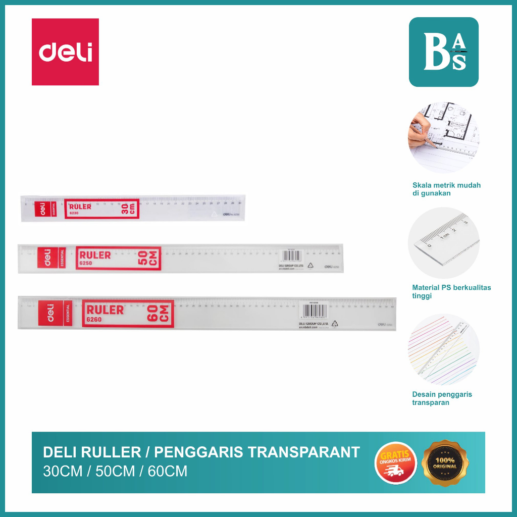 Jual Deli Ruller / Penggaris Transparant 30cm / 50cm / 60cm | Shopee ...