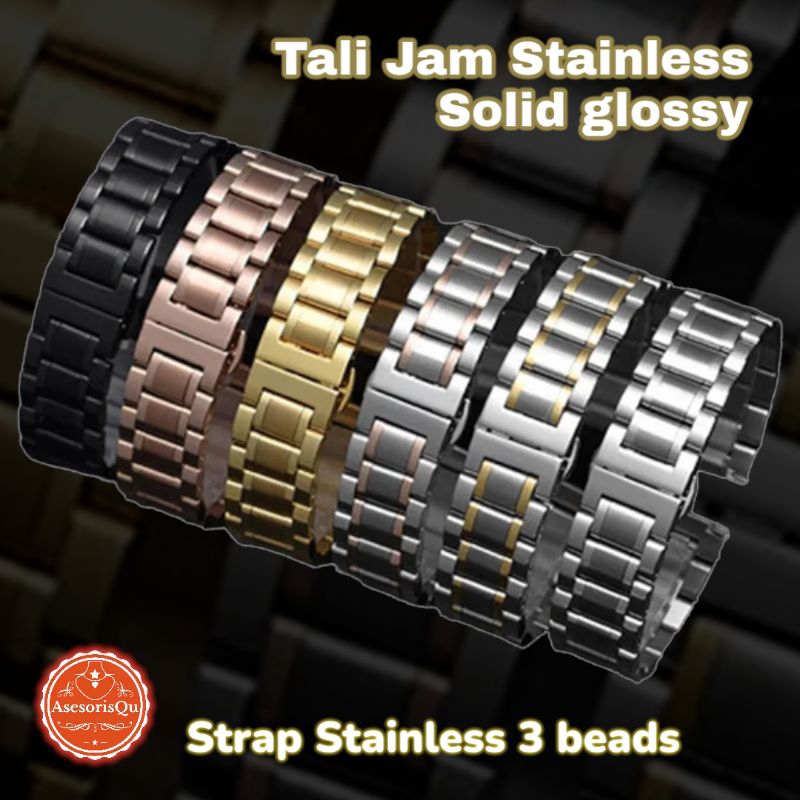 Jual Tali Strap Jam Tangan Stainless Rantai 3 Beads Glossy Solid ...