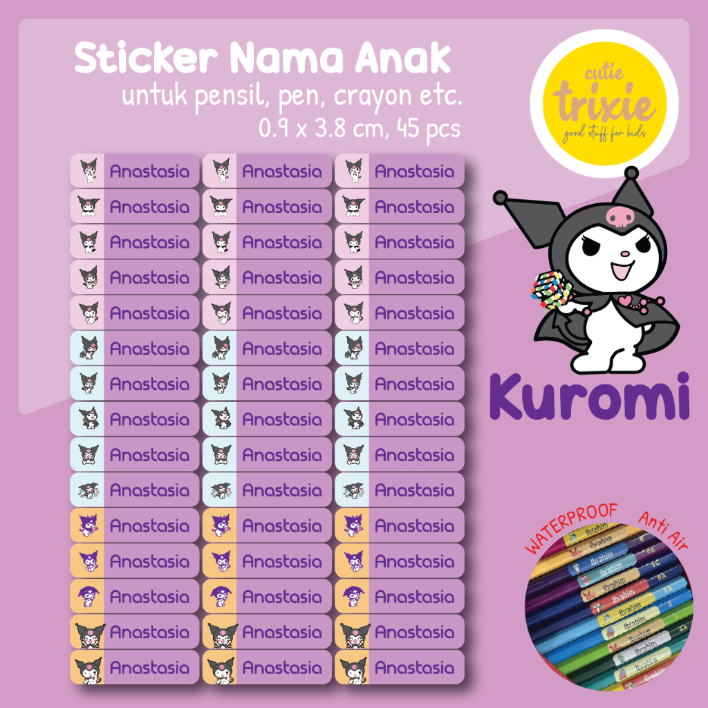 Jual Sticker label nama anak untuk pensil pen crayon Kuromi | Shopee ...