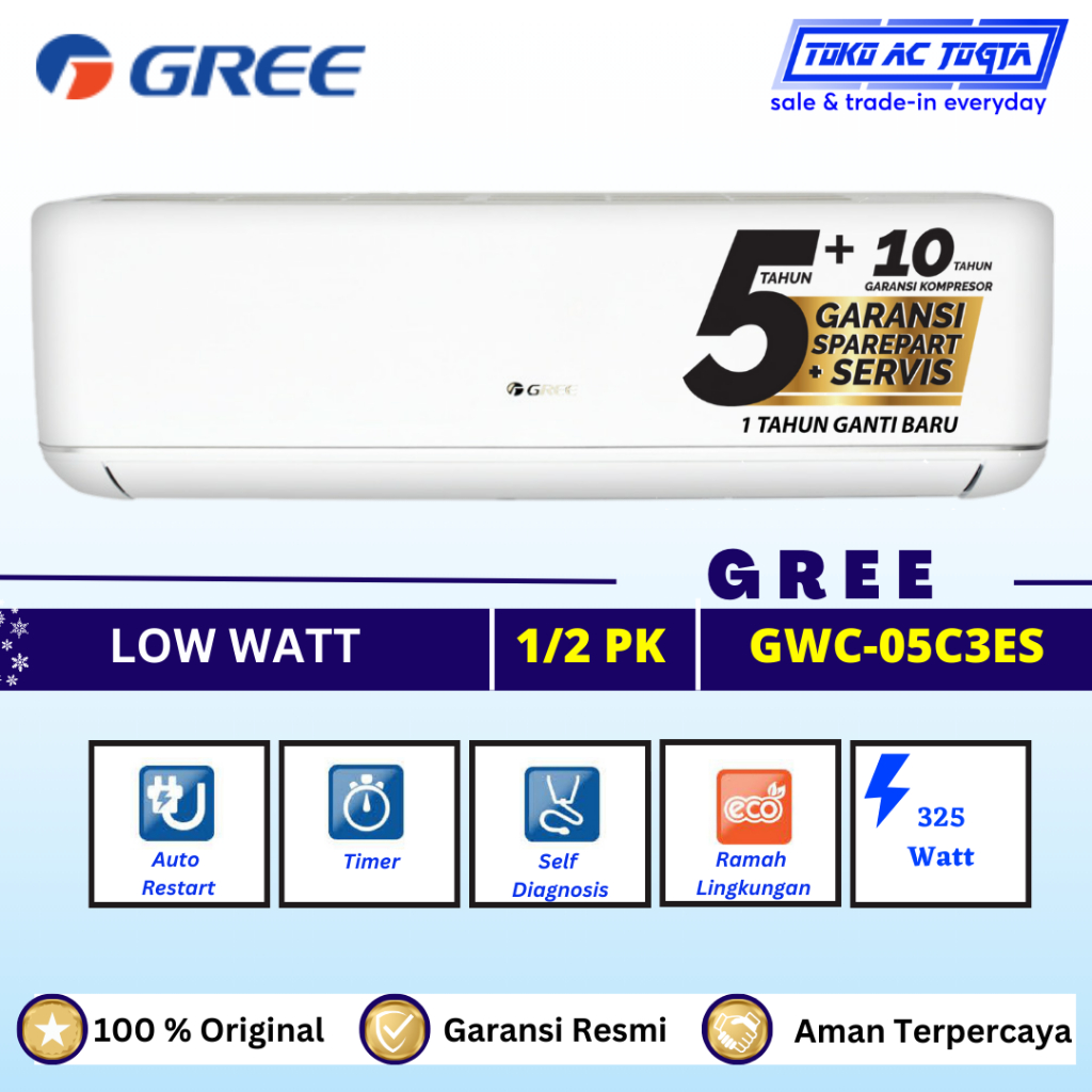 Jual AC Split Merk Gree Tipe Low Watt Ukuran 1/2 Pk (GWC-05C3ES ...