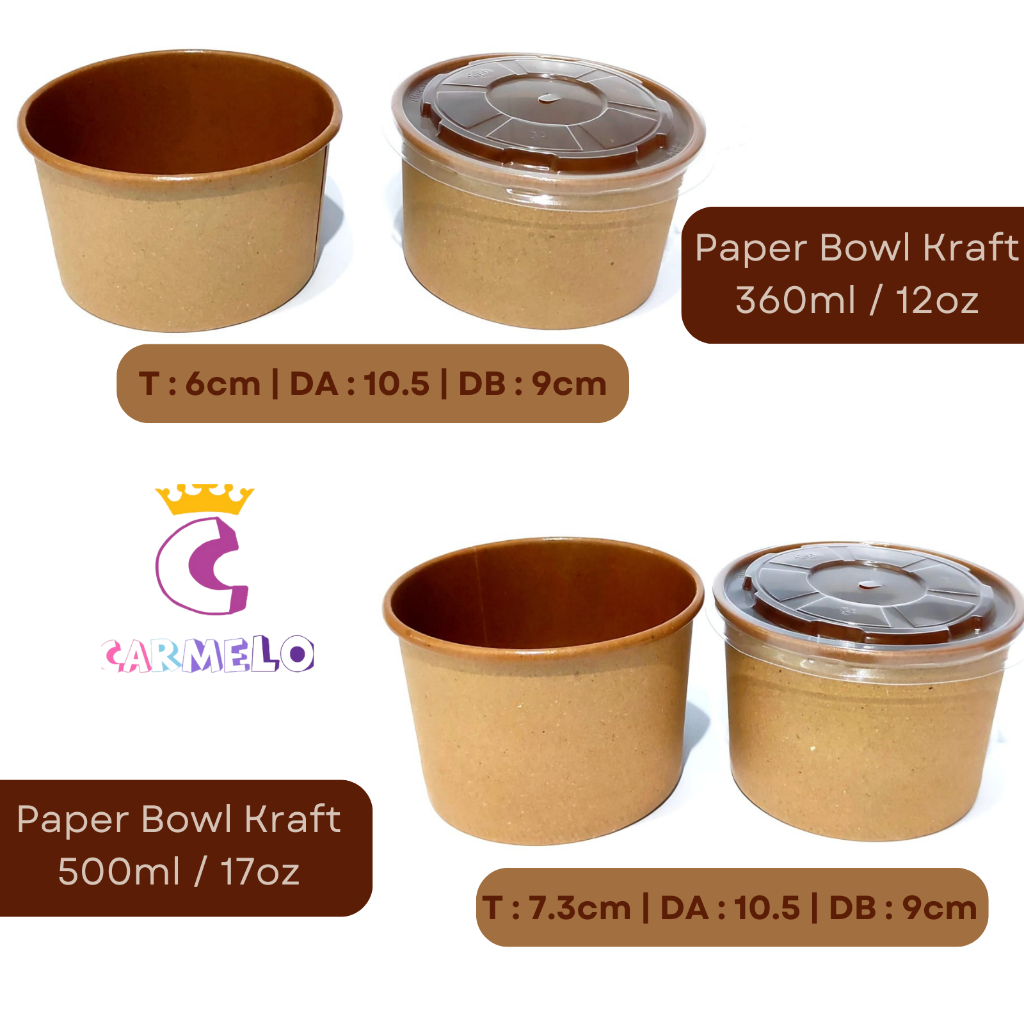 Jual Paper Bowl Kraft Coklat Laminasi 360ml 500ml Isi 25pc / Mangkok Kertas + Tutup / Paper Rice ...