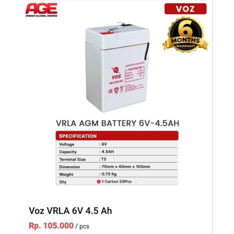 Jual Baterai Voz VRLA AGM Aki kering 6 Volt 6V / 4,5Ah | Shopee Indonesia