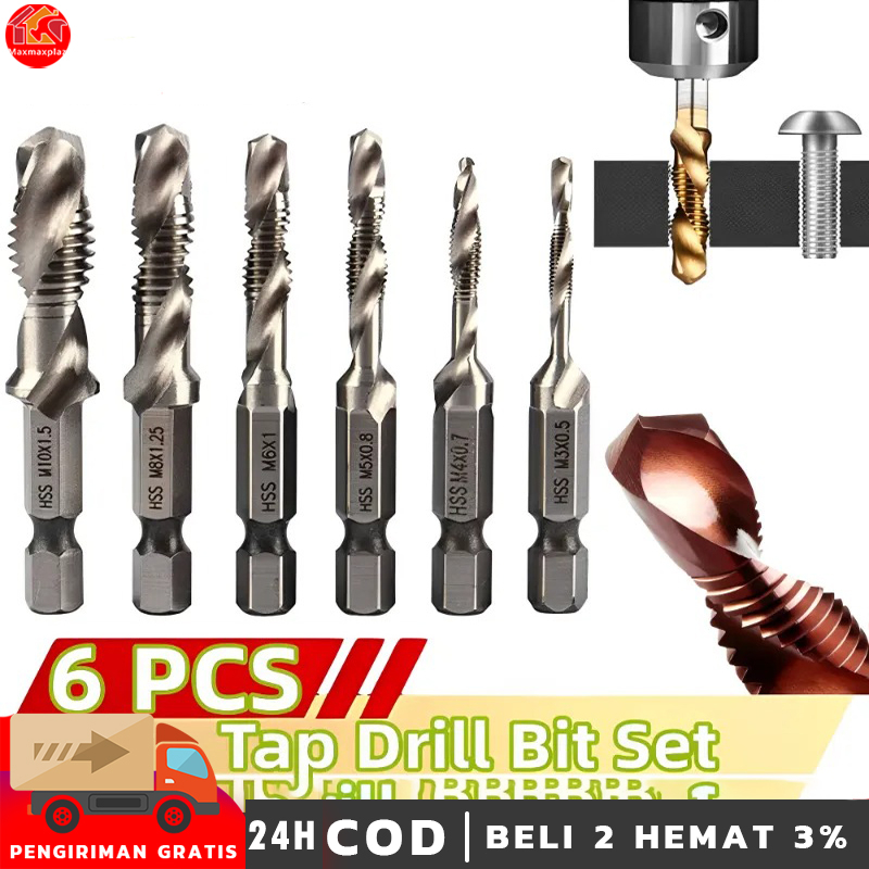 Jual 6PCS Mata Bor Pembuat Ulir Drat Drill Tap Set Hex Twist Spiral Tapper Baut Bit Drilling ...