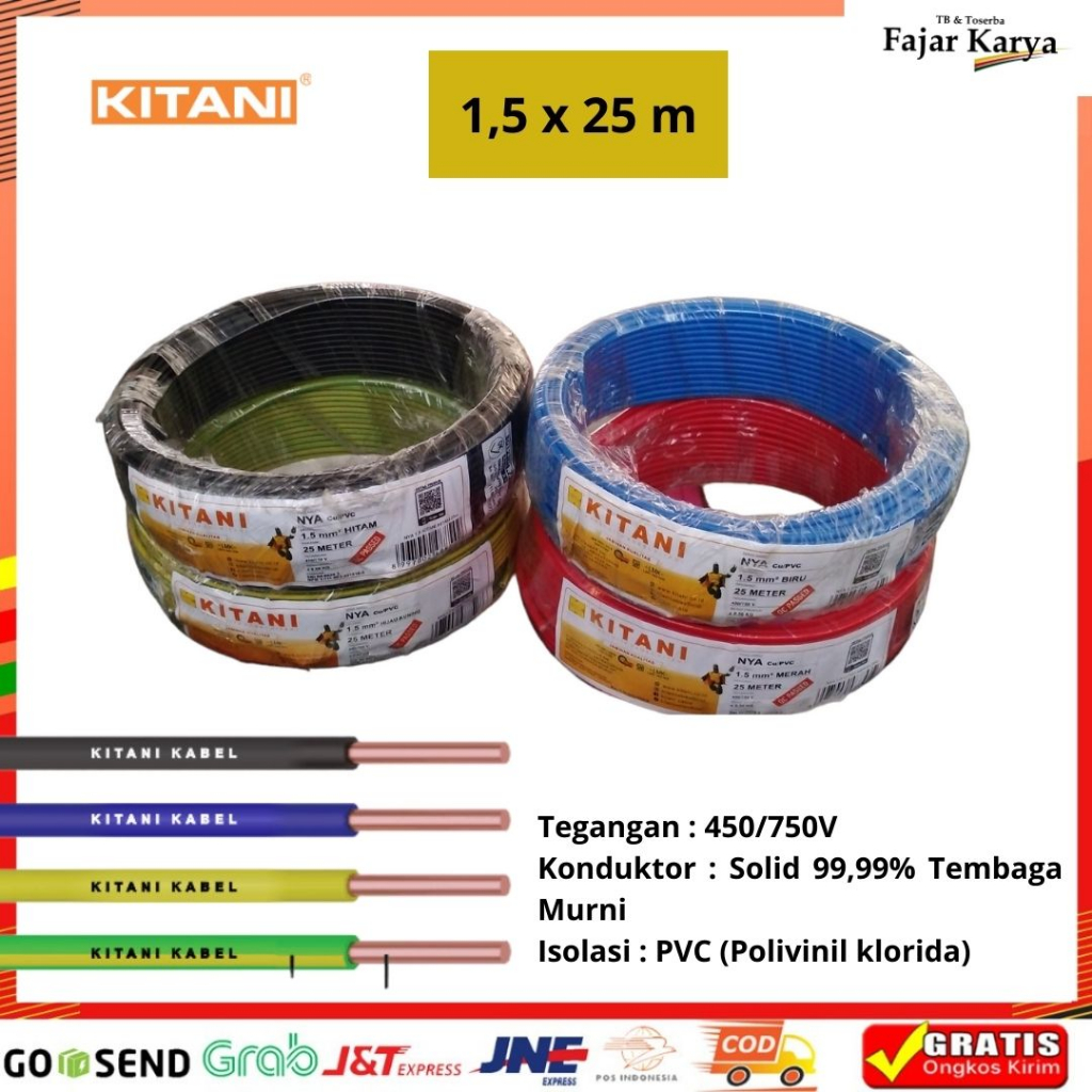 Jual KABEL LISTRIK SNI KITANI NYA TUNGGAL 1.5 mm PANJANG 25 METER MERAH ...
