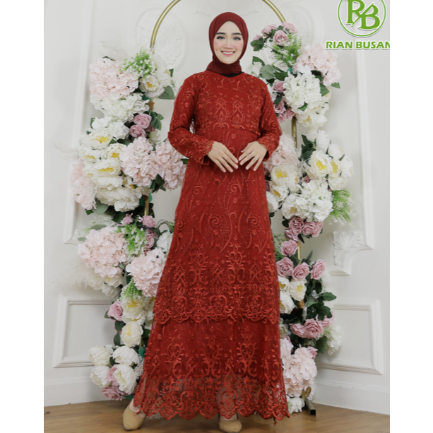 Jual gamis full brukat depan belakang dua tingkat dress pesta muslimah gamis brukat tile mutiara ...
