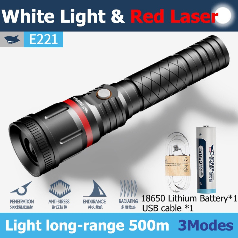 Jual SENTER LED SMILING SHARK E221 PLUS LASER - 3 MODE CAHAYA - ZOOM - TAHAN LAMA - CHARGER USB ...